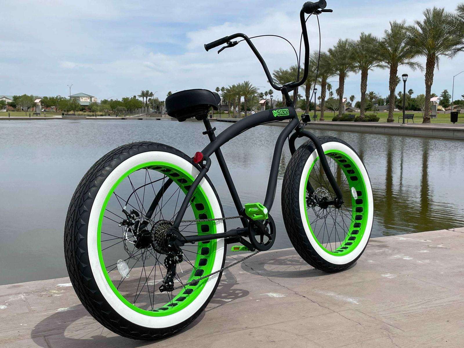 SIKK UFO Fat Tire 7 Speed Cruiser Flat Black Green Wheels Whitewall Ti – SIKK BICYCLES